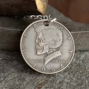 Carved Skull Coin Pendant W/ 20" Stainless Necklace John F Kennedy 1964 ...