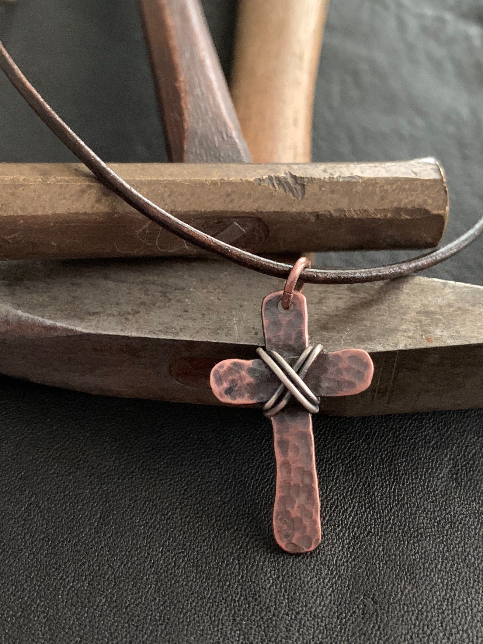 Small Hammered Rustic Copper Cross Pendant W/ Sterling Silver - Etsy