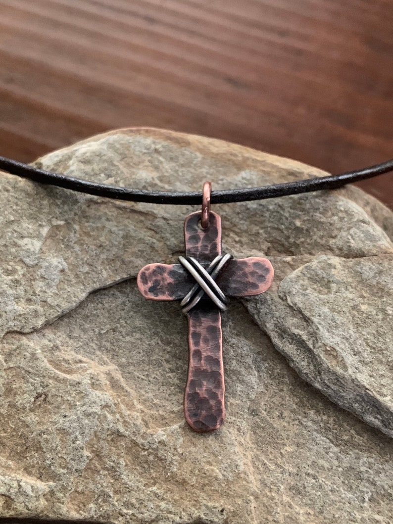 Small Hammered Rustic Copper Cross Pendant W/ Sterling Silver - Etsy