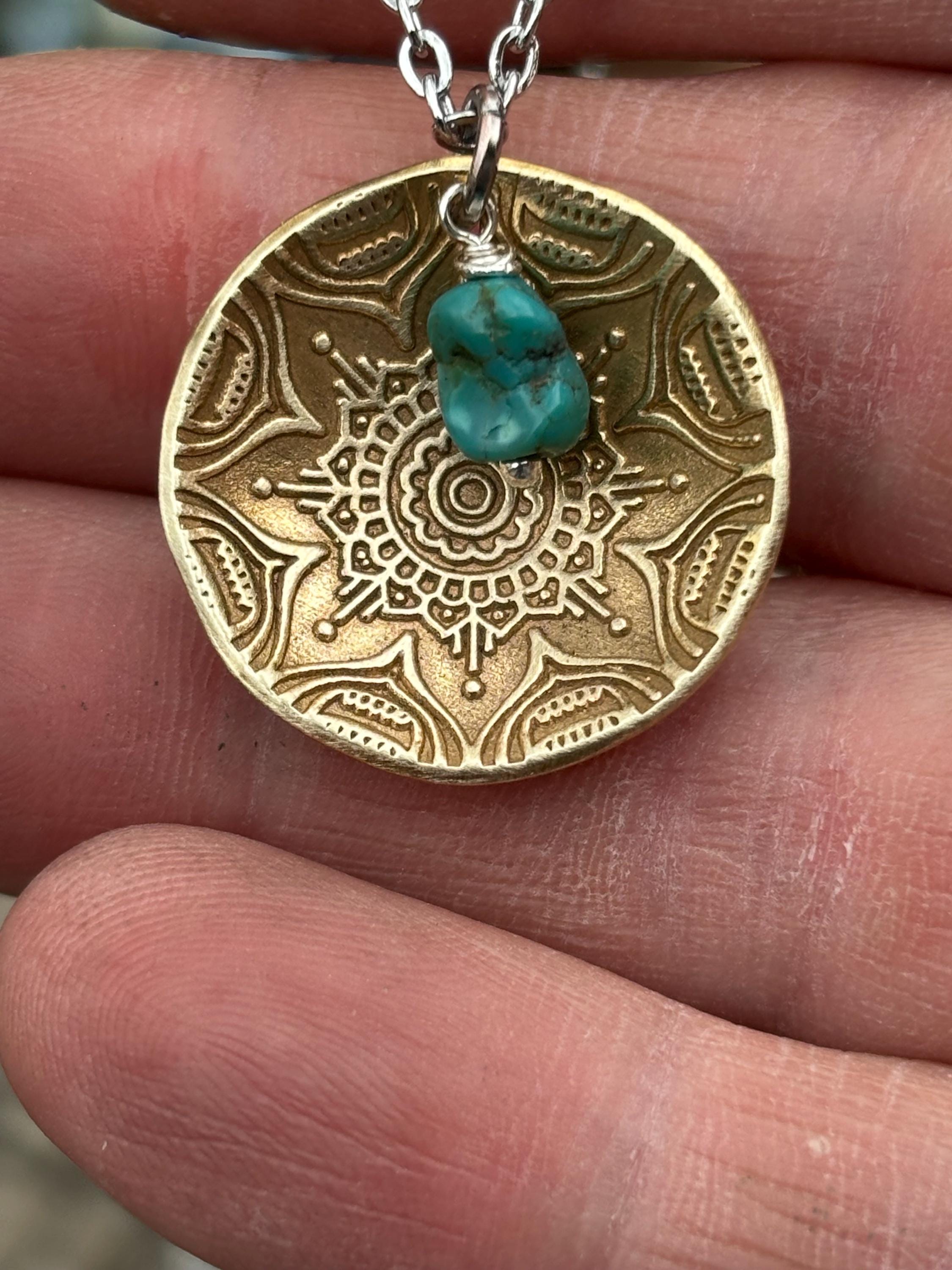 Raw or Oxidized Gold Bronze Mandala Pendant W/ Genuine Turquoise ...