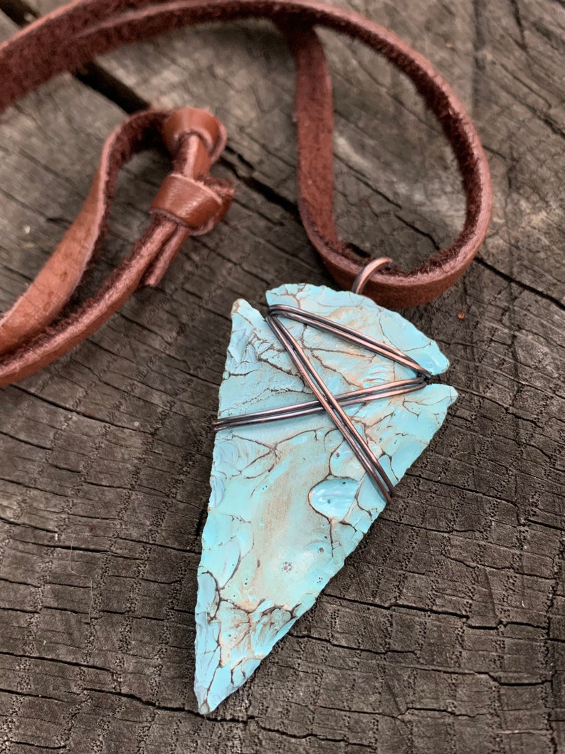 Unique Turquoise Arrowhead Pendant - Tribal Adjustable Leather & Stone ...