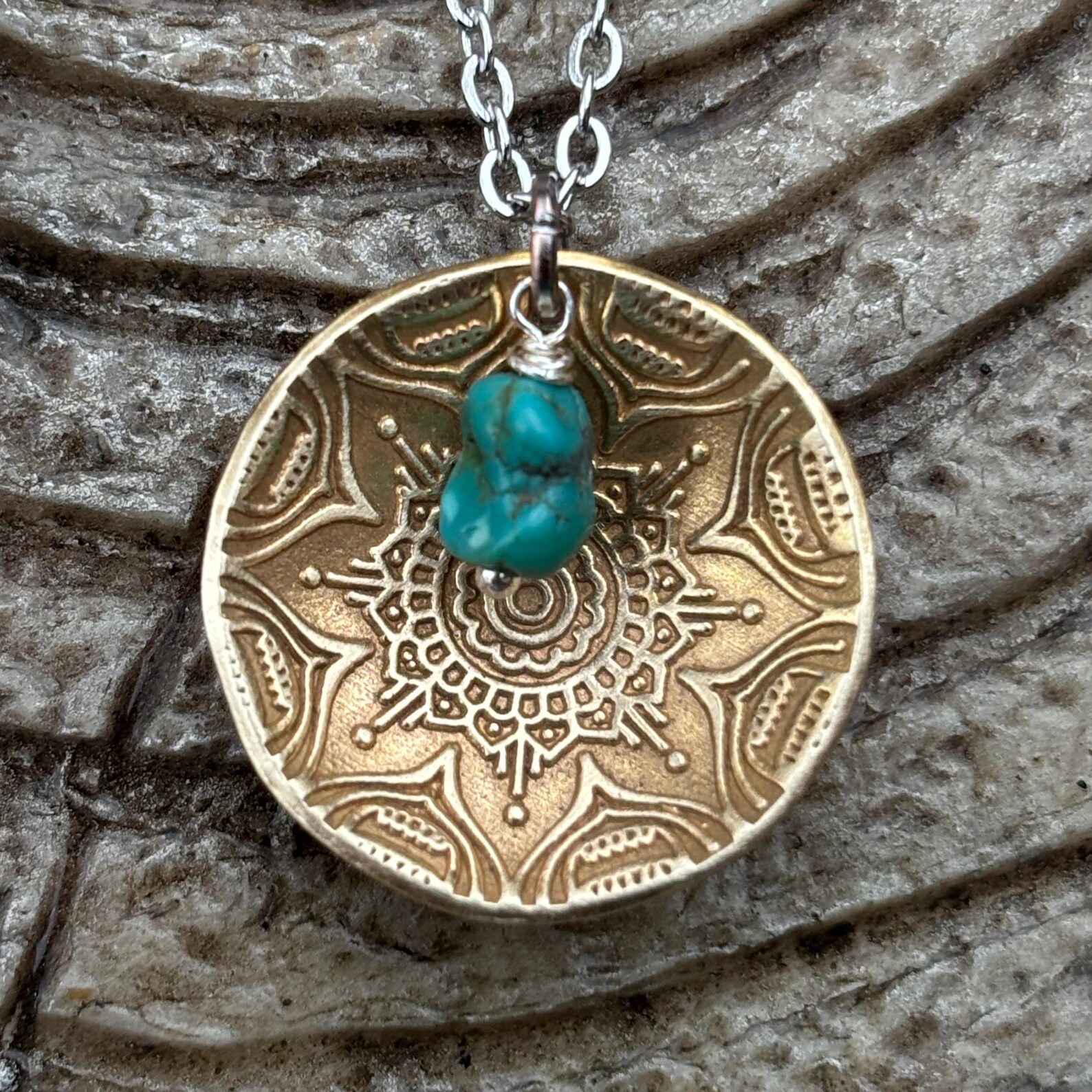 Raw or Oxidized Gold Bronze Mandala Pendant W/ Genuine Turquoise ...