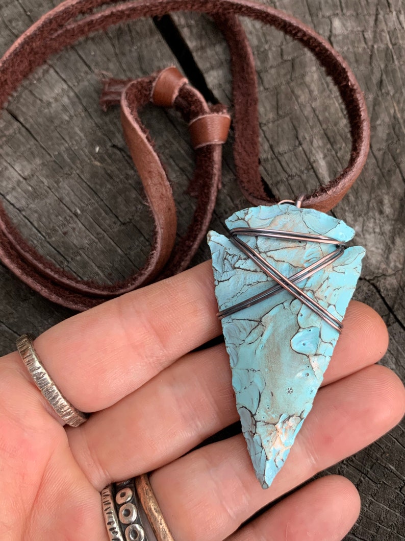 Unique Turquoise Arrowhead Pendant - Tribal Adjustable Leather & Stone ...