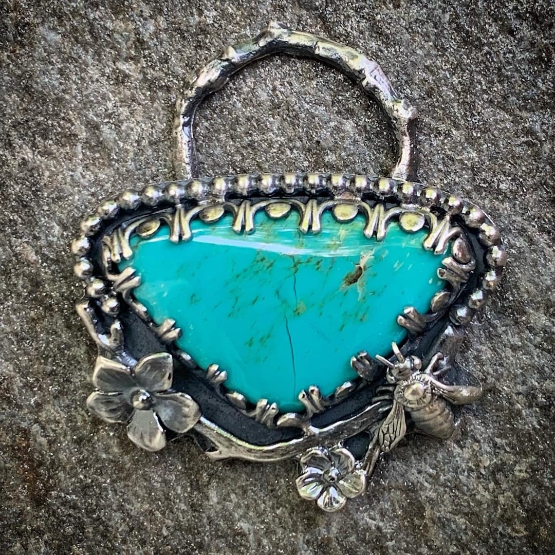 Campitos Turquoise Pendant W/ Botanical Flower / Twig / Honeybee ...