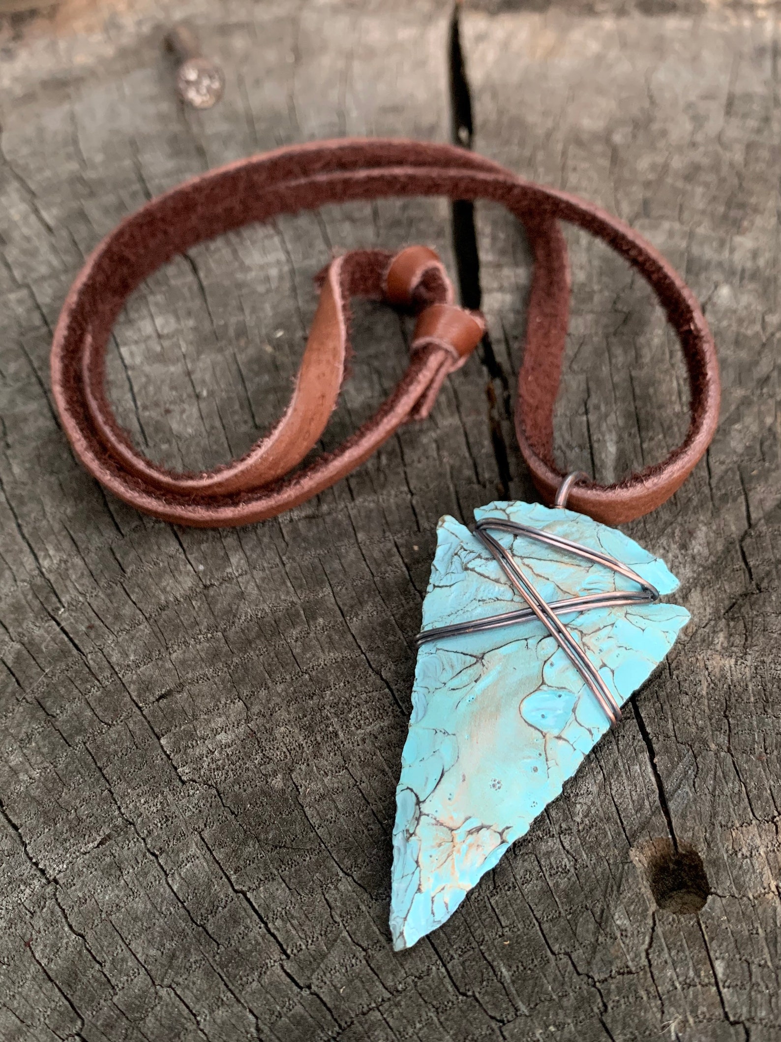 Unique Turquoise Arrowhead Pendant - Tribal Adjustable Leather & Stone ...