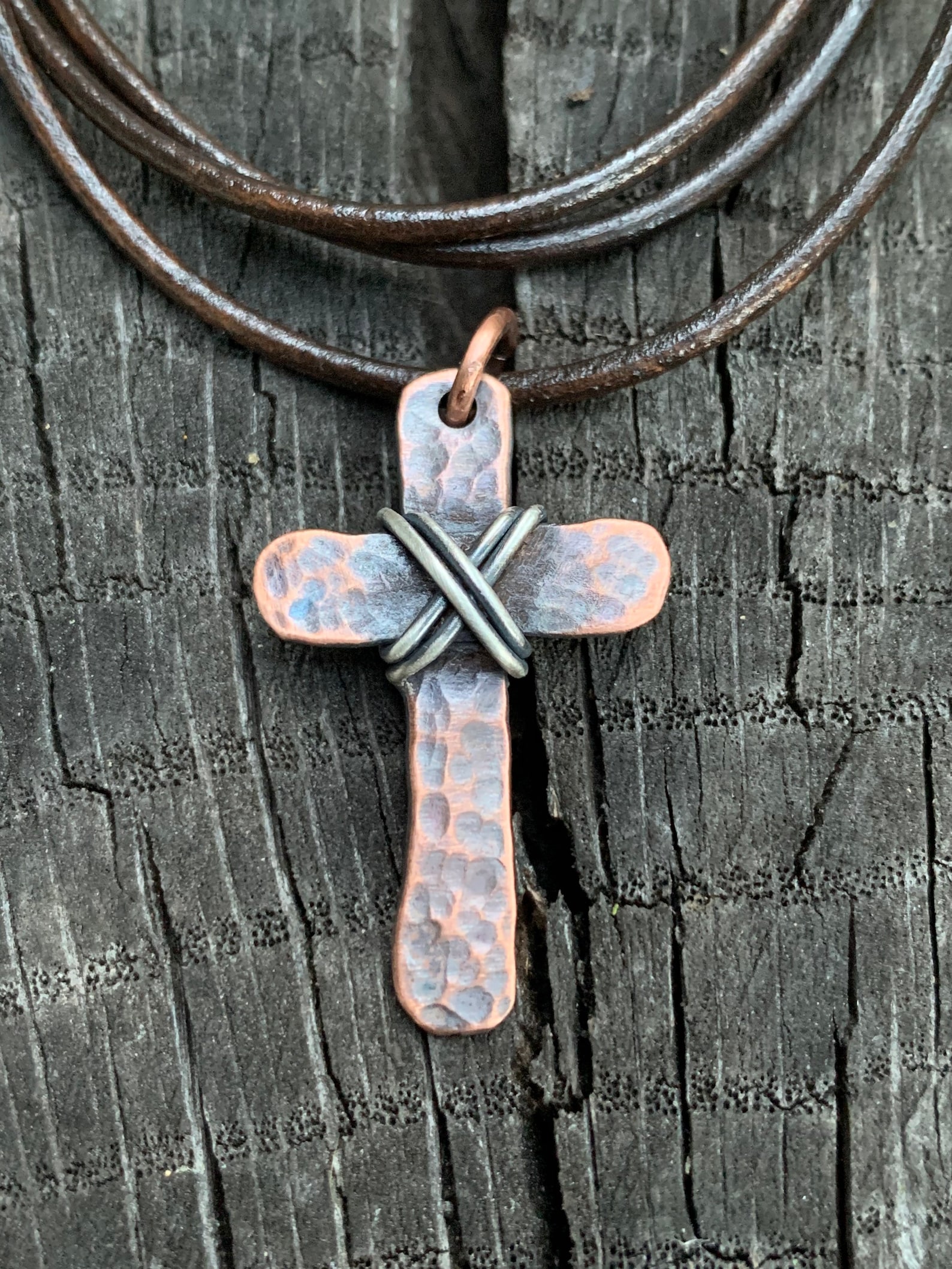 Small Hammered Rustic Copper Cross Pendant W/ Sterling Silver & Brown ...