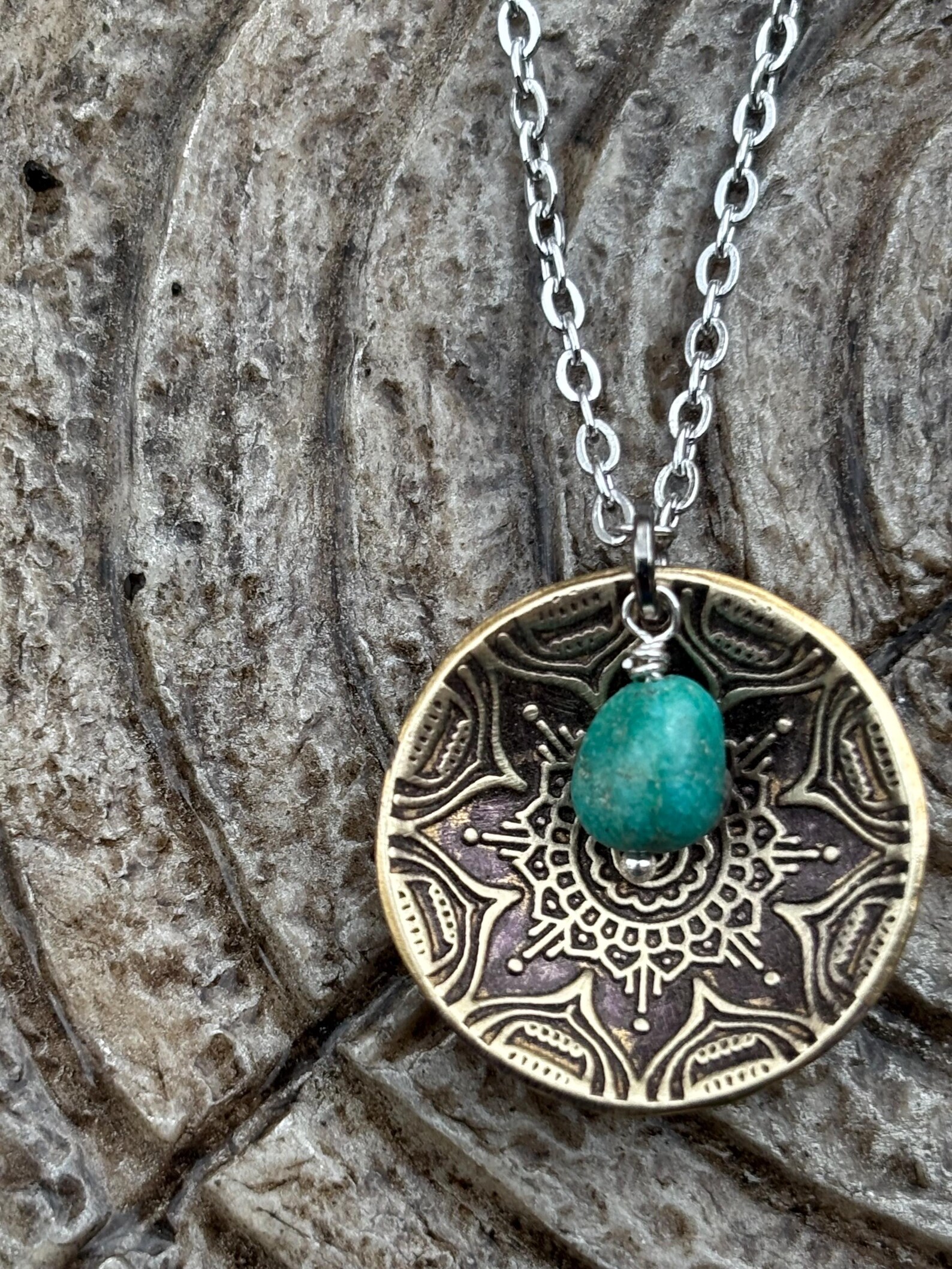 Raw or Oxidized Gold Bronze Mandala Pendant W/ Genuine Turquoise ...