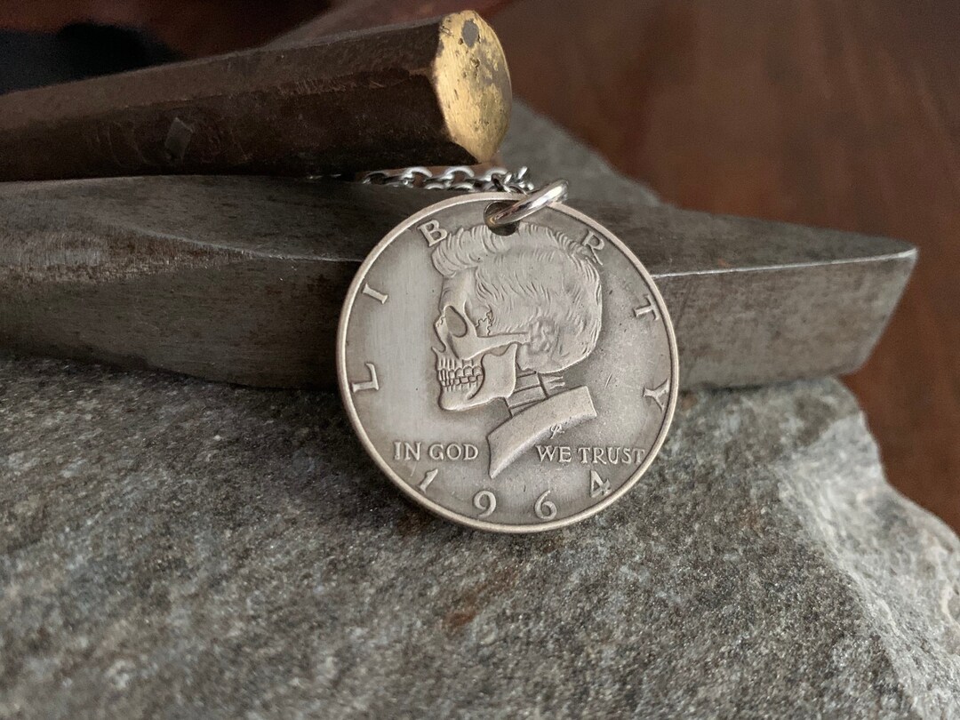 Carved Skull Coin Pendant W/ 20" Stainless Necklace John F Kennedy 1964 ...