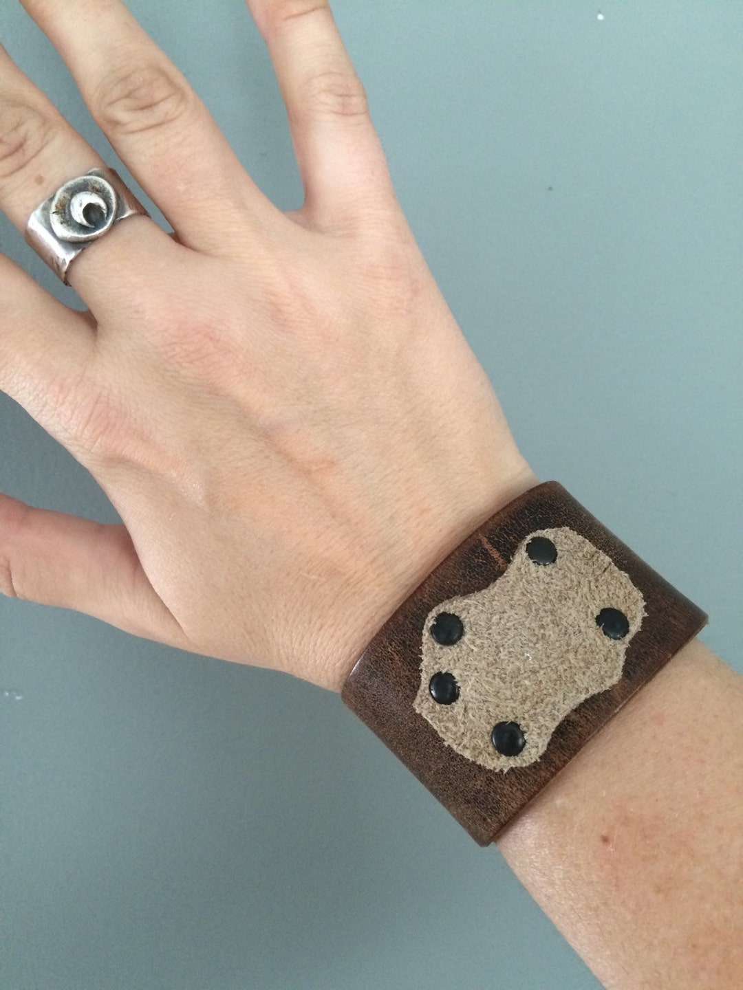 Wide Dark Brown Leather Cuff 2 Tone Rustic Leather & Suede Adjustable ...