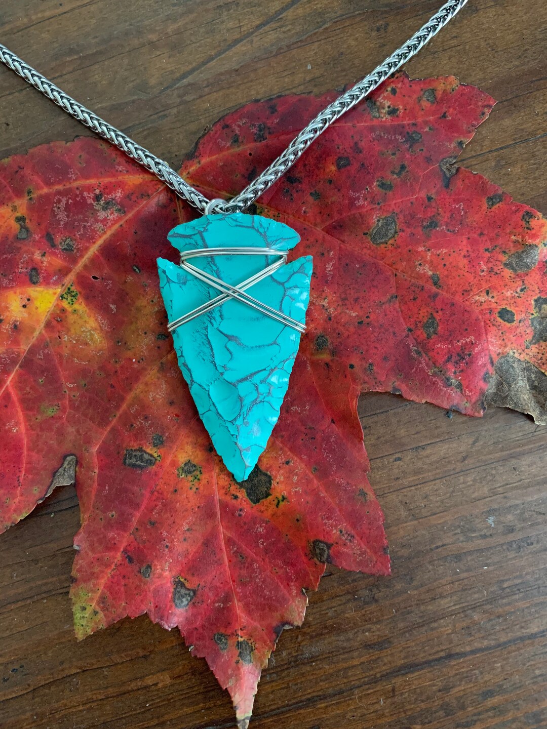 Turquoise Arrowhead Necklace Wire Wrapped Sterling Silver on 20 ...