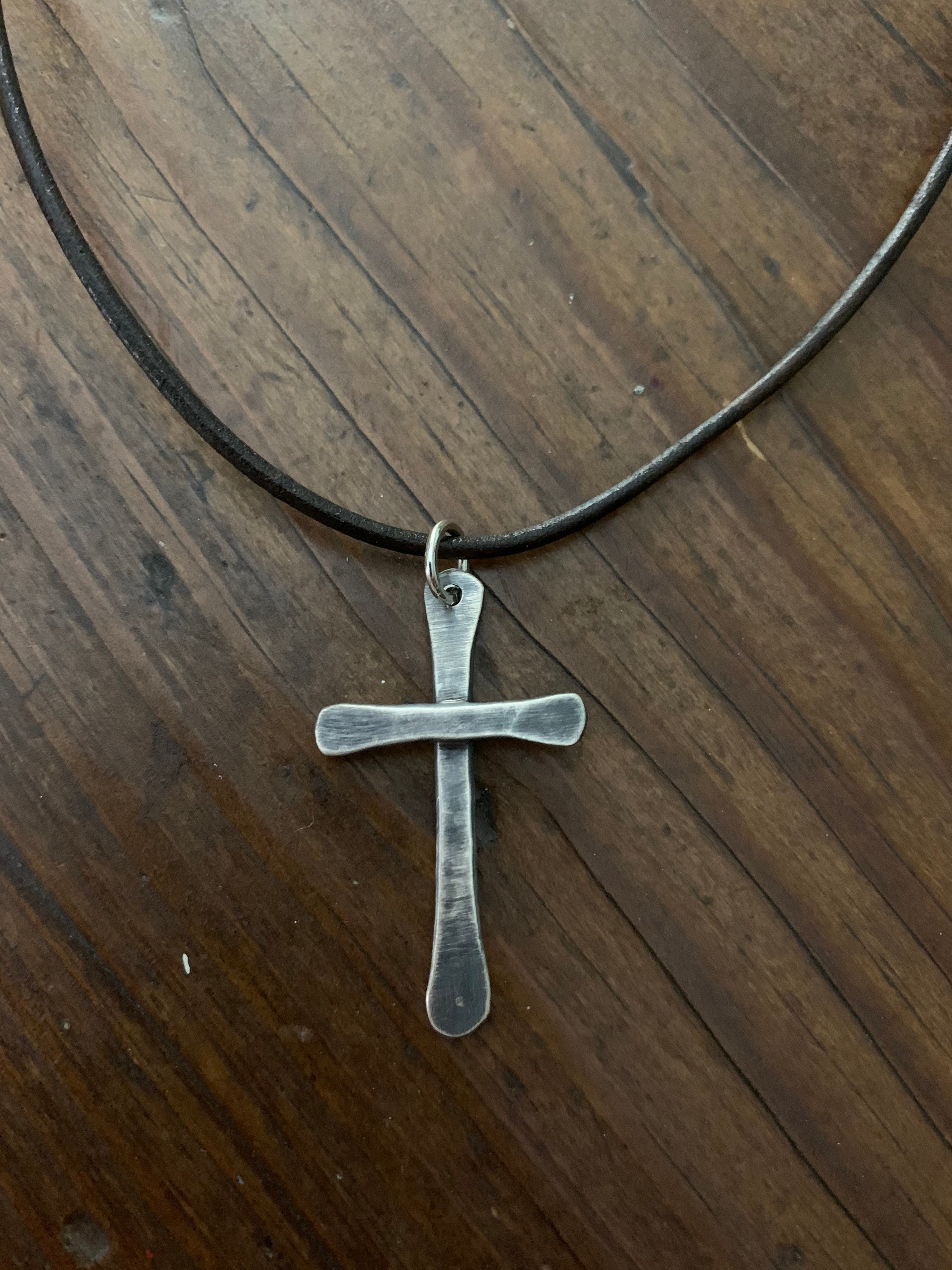 Small Sterling Silver Christian Cross - Rustic Oxidized Pendant for Men ...