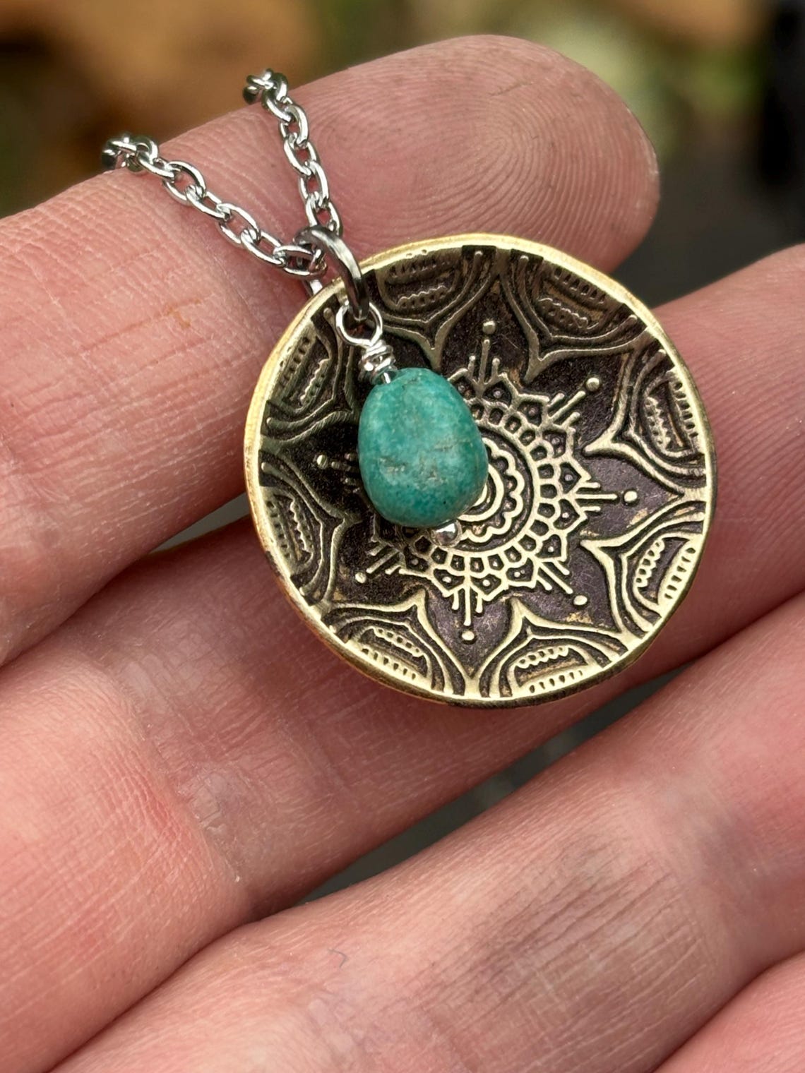 Raw or Oxidized Gold Bronze Mandala Pendant W/ Genuine Turquoise ...