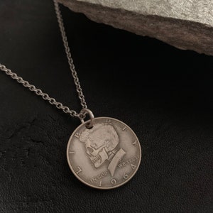 Carved Skull Coin Pendant W/ 20" Stainless Necklace John F Kennedy 1964 ...