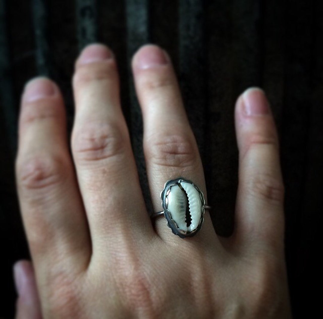 Cowrie Shell Ring in Oxidized Sterling Silver - Unique Rustic Beach ...
