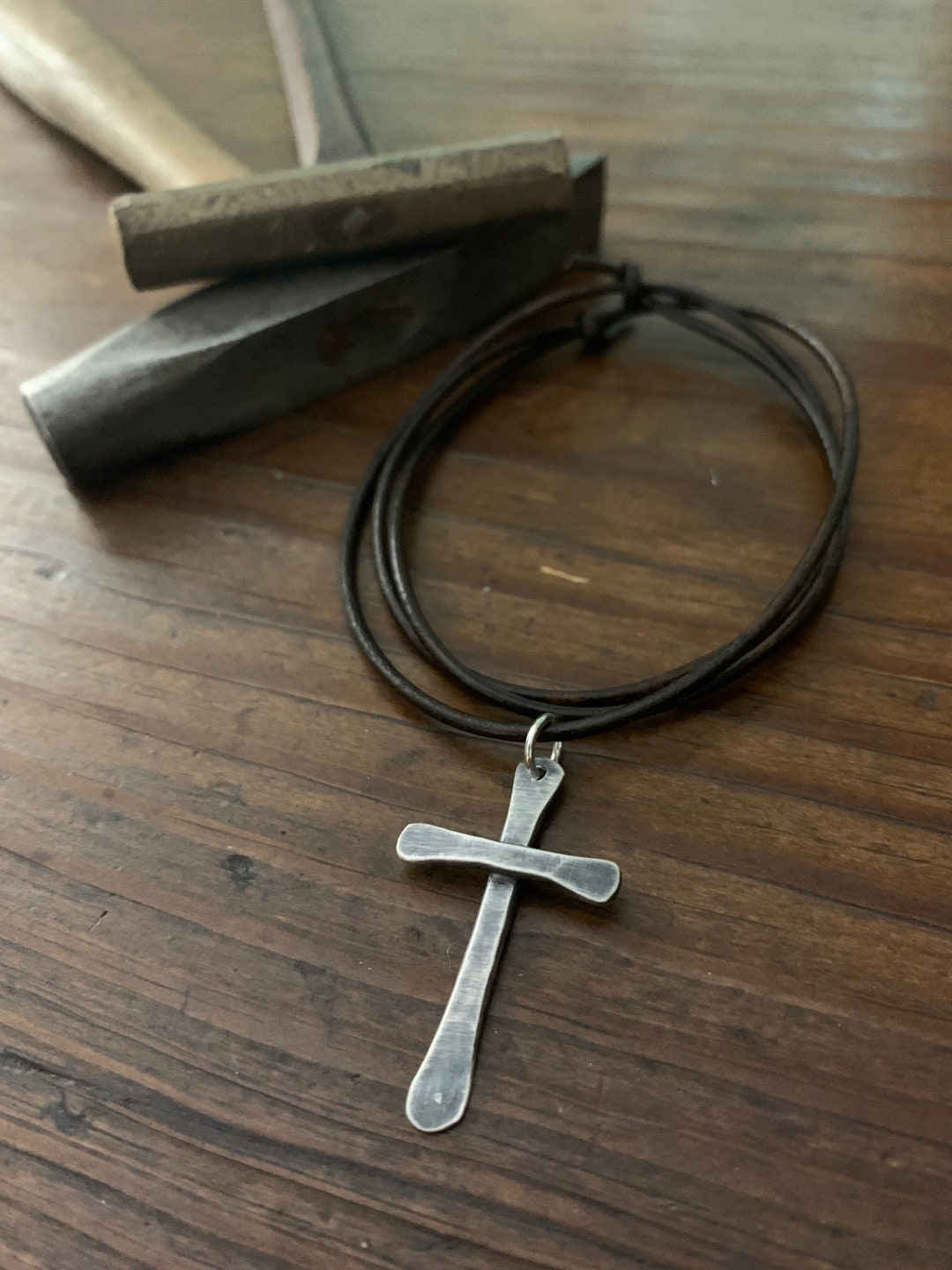 Small Sterling Silver Christian Cross - Rustic Oxidized Pendant for Men ...