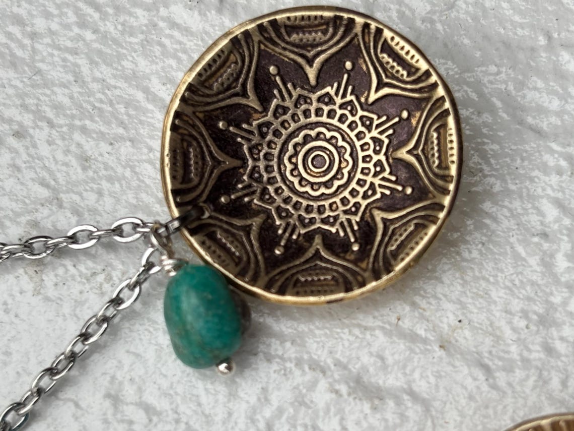 Raw or Oxidized Gold Bronze Mandala Pendant W/ Genuine Turquoise ...