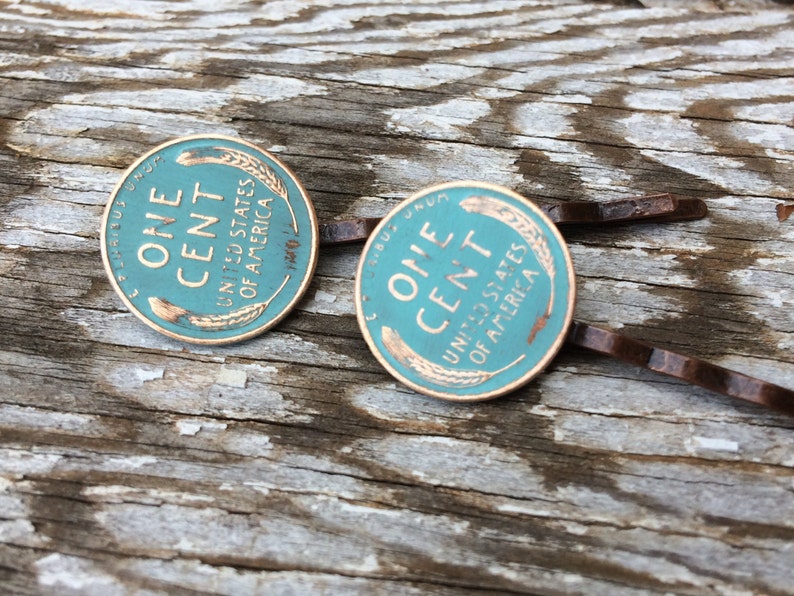 Lucky Penny Copper Hair Pins With Turquoise Verdigris Patina - Rustic ...