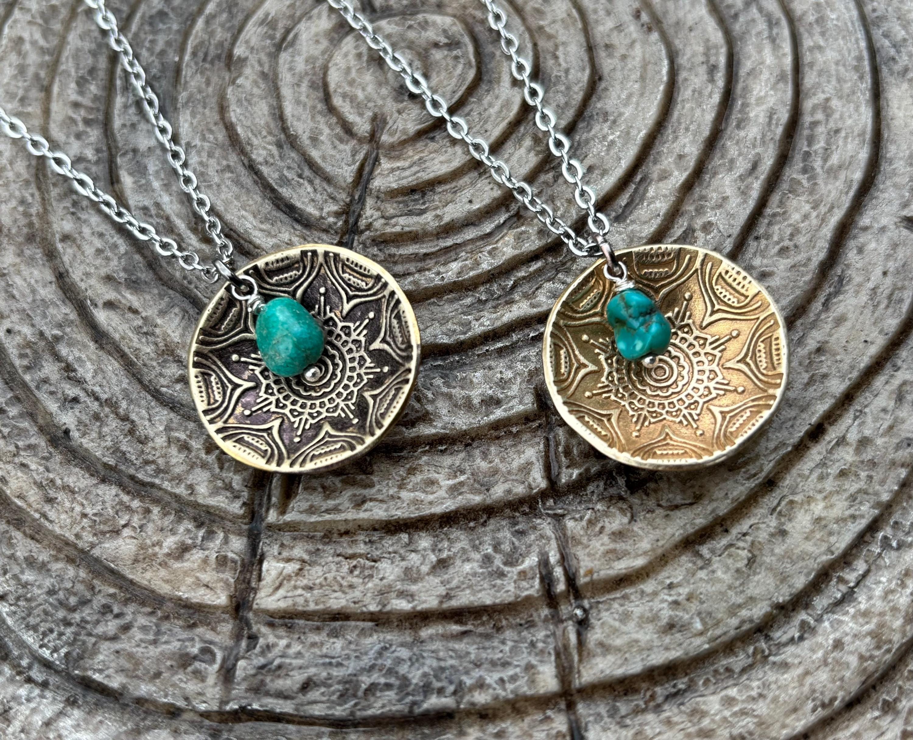 Raw or Oxidized Gold Bronze Mandala Pendant W/ Genuine Turquoise ...