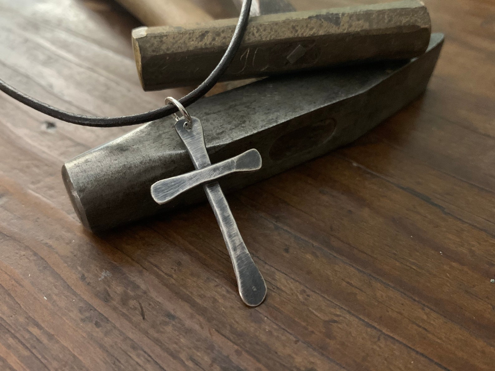 Small Sterling Silver Christian Cross - Rustic Oxidized Pendant for Men ...