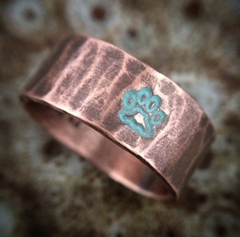 Paw Print Ring in Rustic Hammered Copper & Turquoise Patina - Etsy