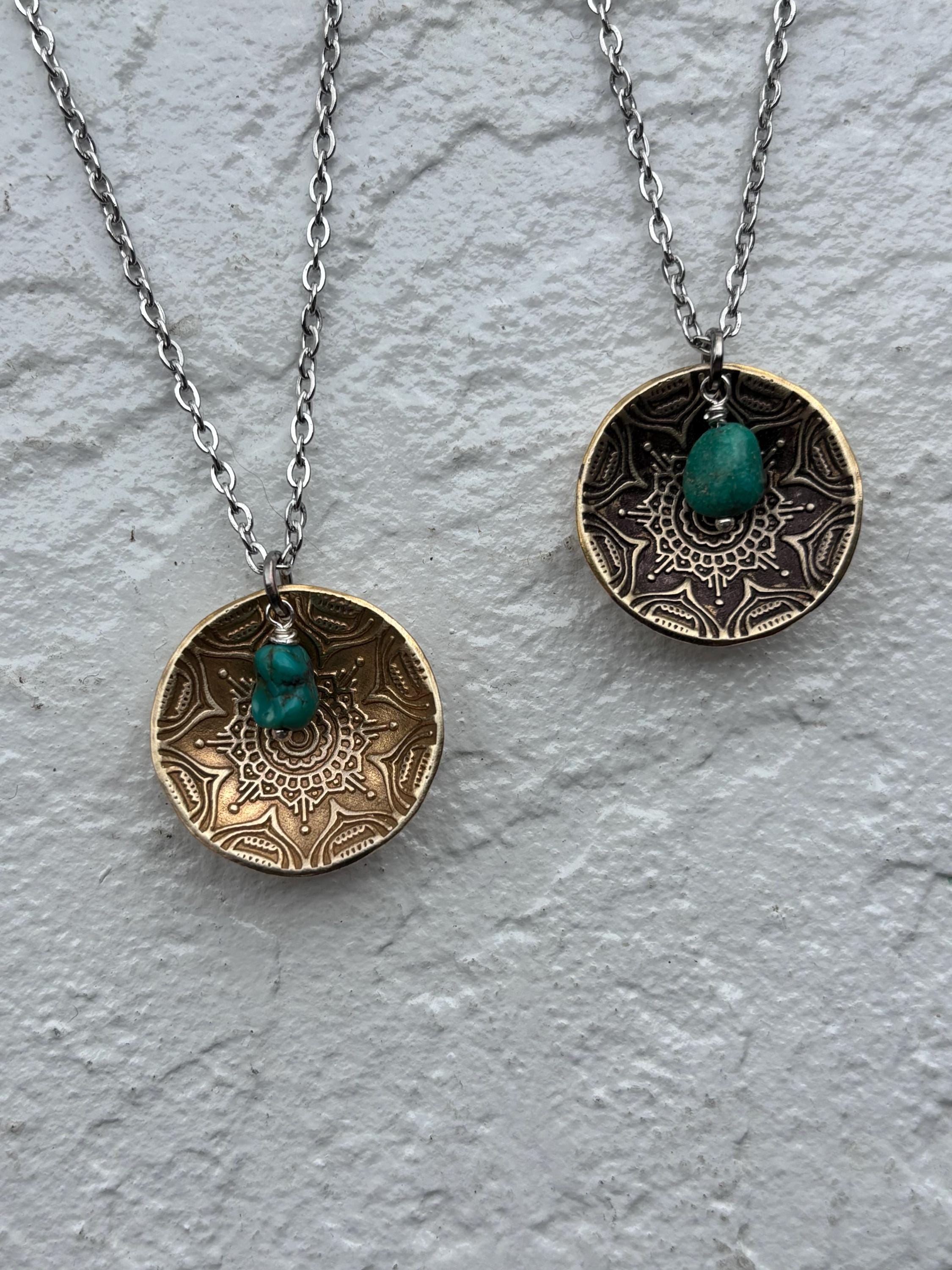 Raw or Oxidized Gold Bronze Mandala Pendant W/ Genuine Turquoise ...