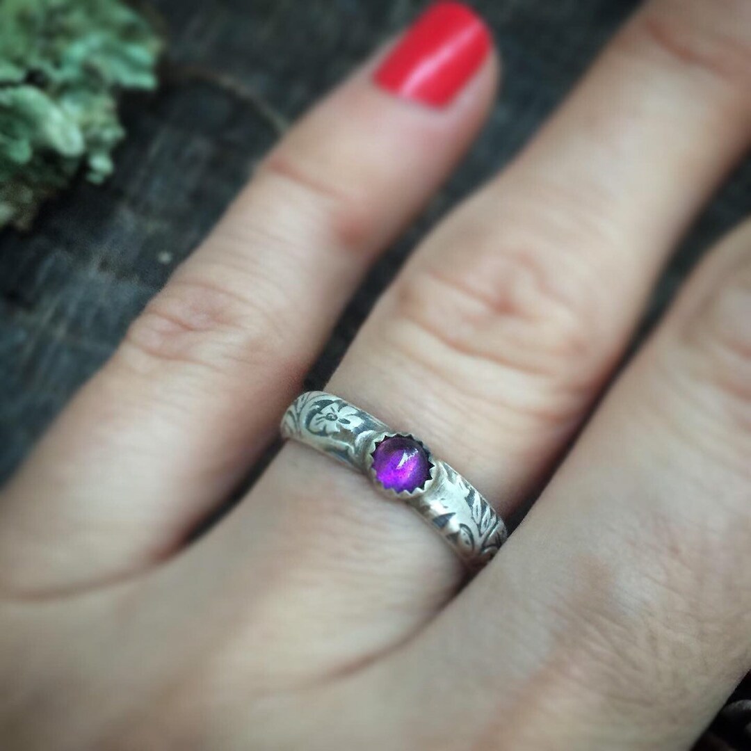Simple Amethyst Ring - Sterling Silver Floral Band Solitaire - February ...