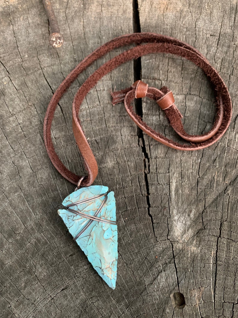 Unique Turquoise Arrowhead Pendant - Tribal Adjustable Leather & Stone ...