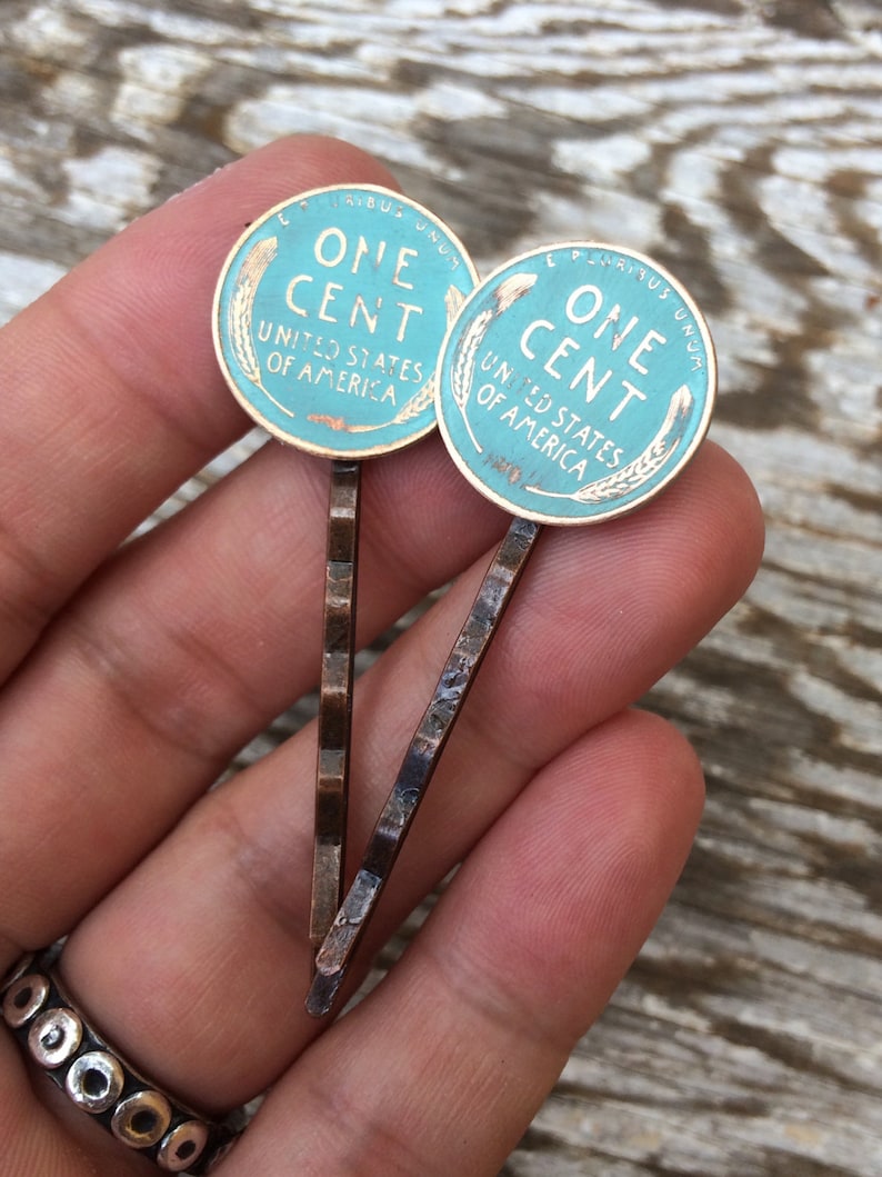 Lucky Penny Copper Hair Pins With Turquoise Verdigris Patina - Rustic ...