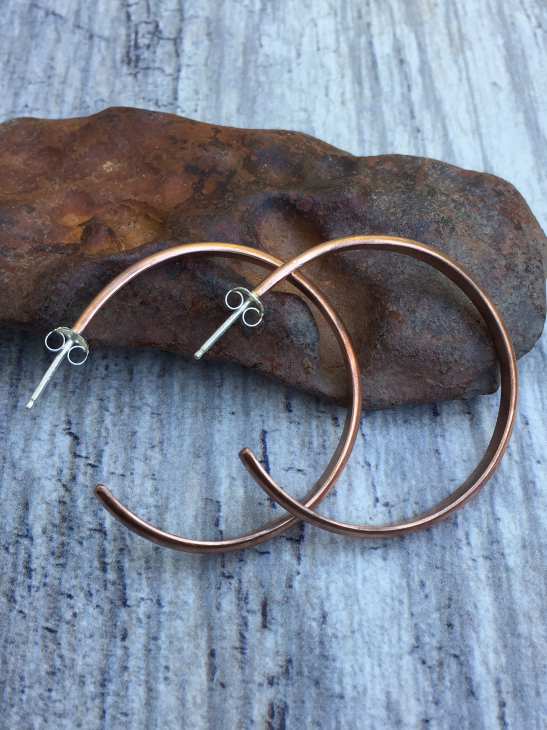 Simple Raw Copper Hoops - Large Minimalist Open Hoop Post Earrings for ...