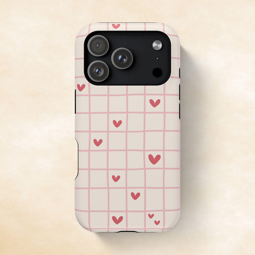 Pink Heart Grid Phone Case, Cute Coquette iPhone Case, Soft Girl ...