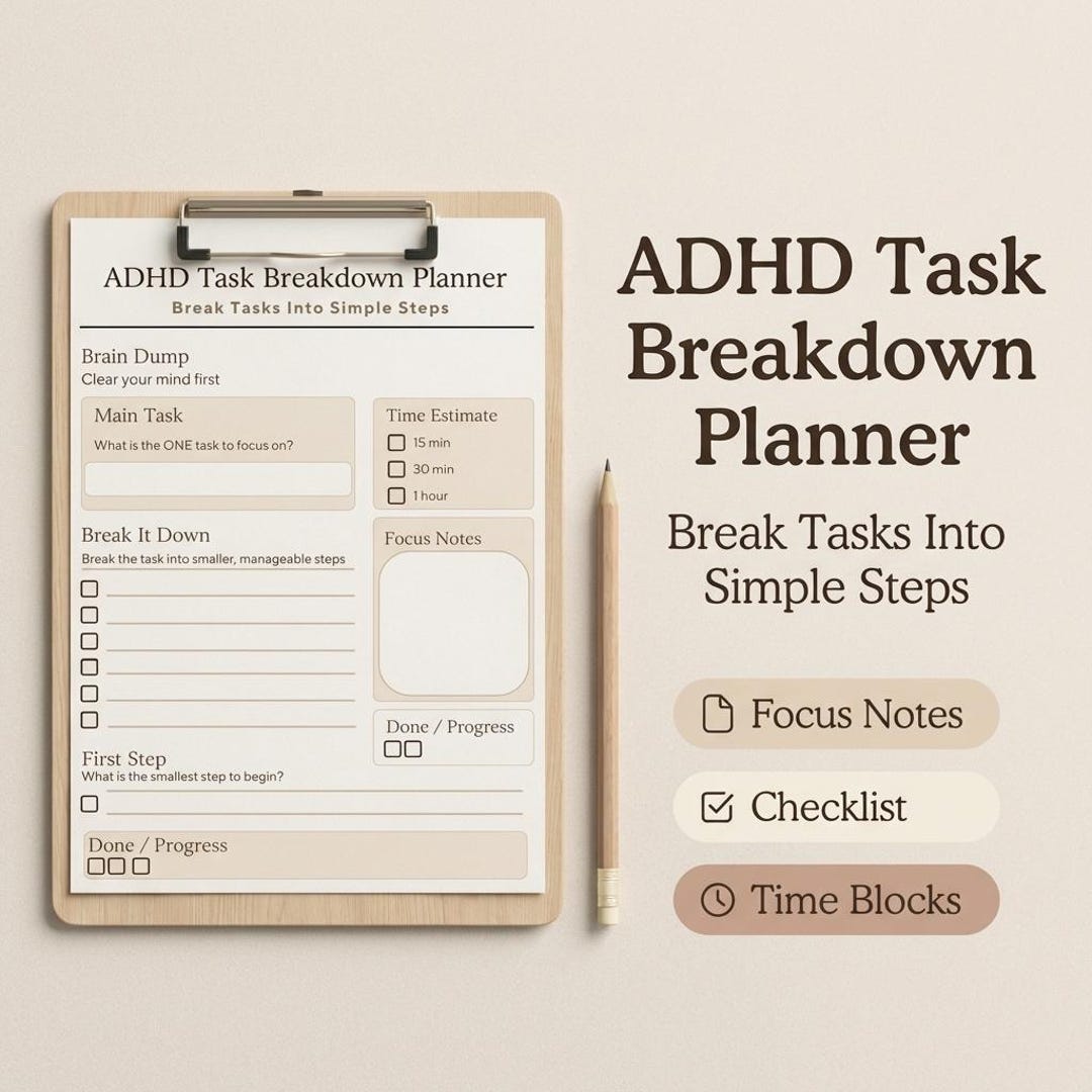 ADHD Task Breakdown Planner Printable | Time Blocking Worksheet | Focus ...