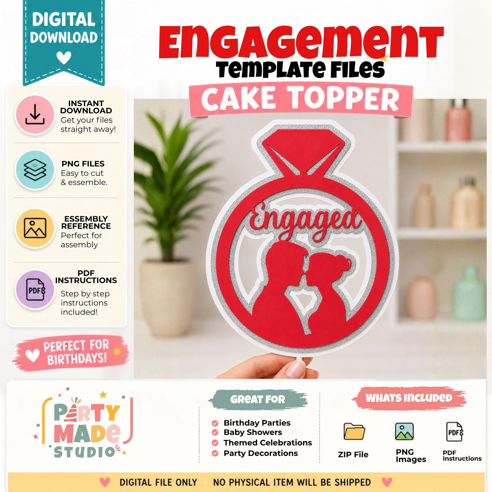 Engaged Cake Topper Template, Engagement Cake Topper PNG, Bridal Shower ...