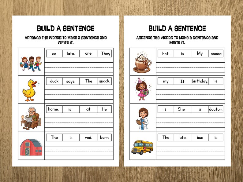 160 Build the Sentence Worksheets, 1st 2nd Grade Printable Simple ...