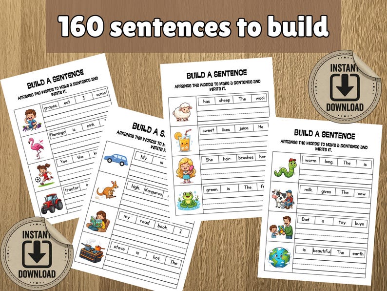160 Build the Sentence Worksheets, 1st 2nd Grade Printable Simple ...