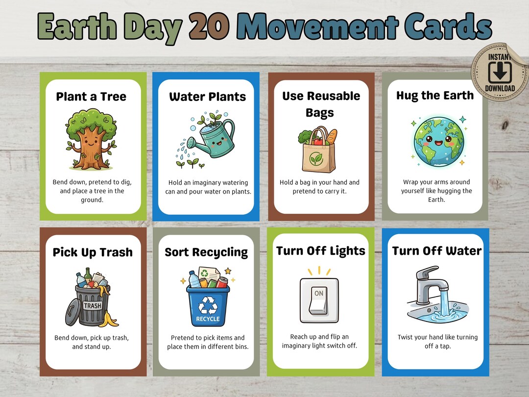 Earth Day Movement Cards for Kids Montessori Flash Cards Toddler ...