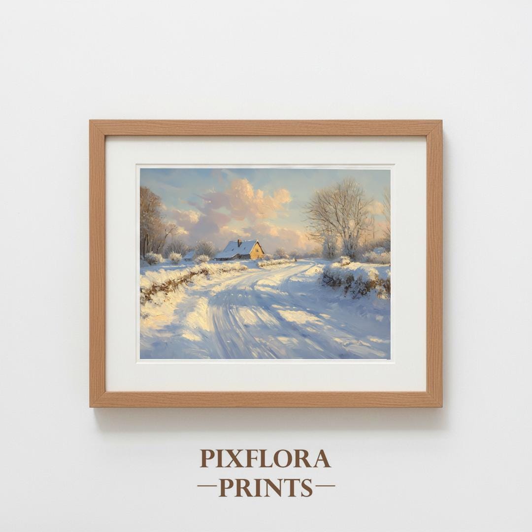 Winter Cottage Road Printable Art - Rustic Snowy Landscape, Cozy ...