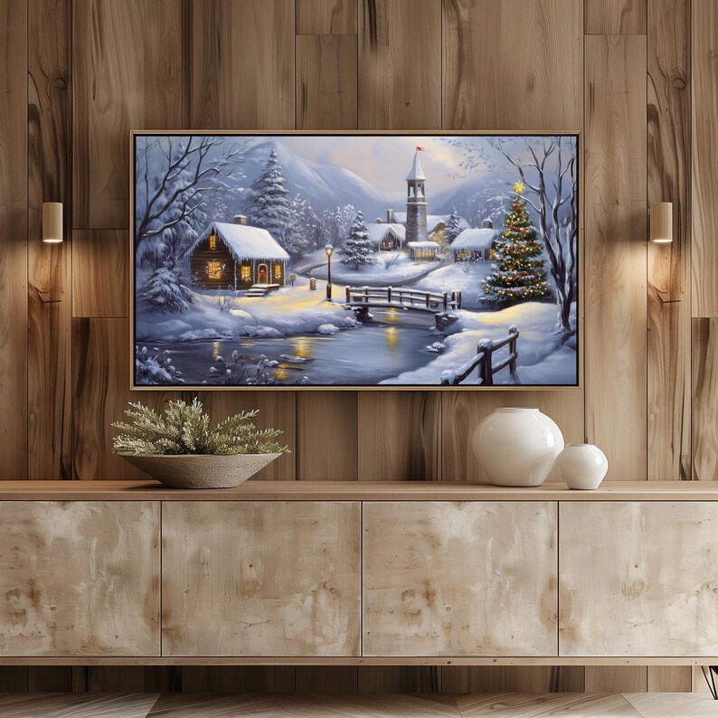 Vintage Christmas Village Frame TV Art, Rustic Winter Scene With Church ...
