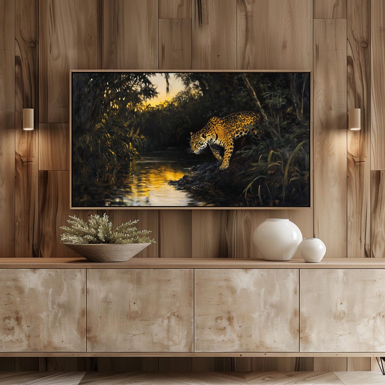 Rustic Jaguar Frame TV Art, Moody Wildlife TV Art, Digital Jungle Decor ...
