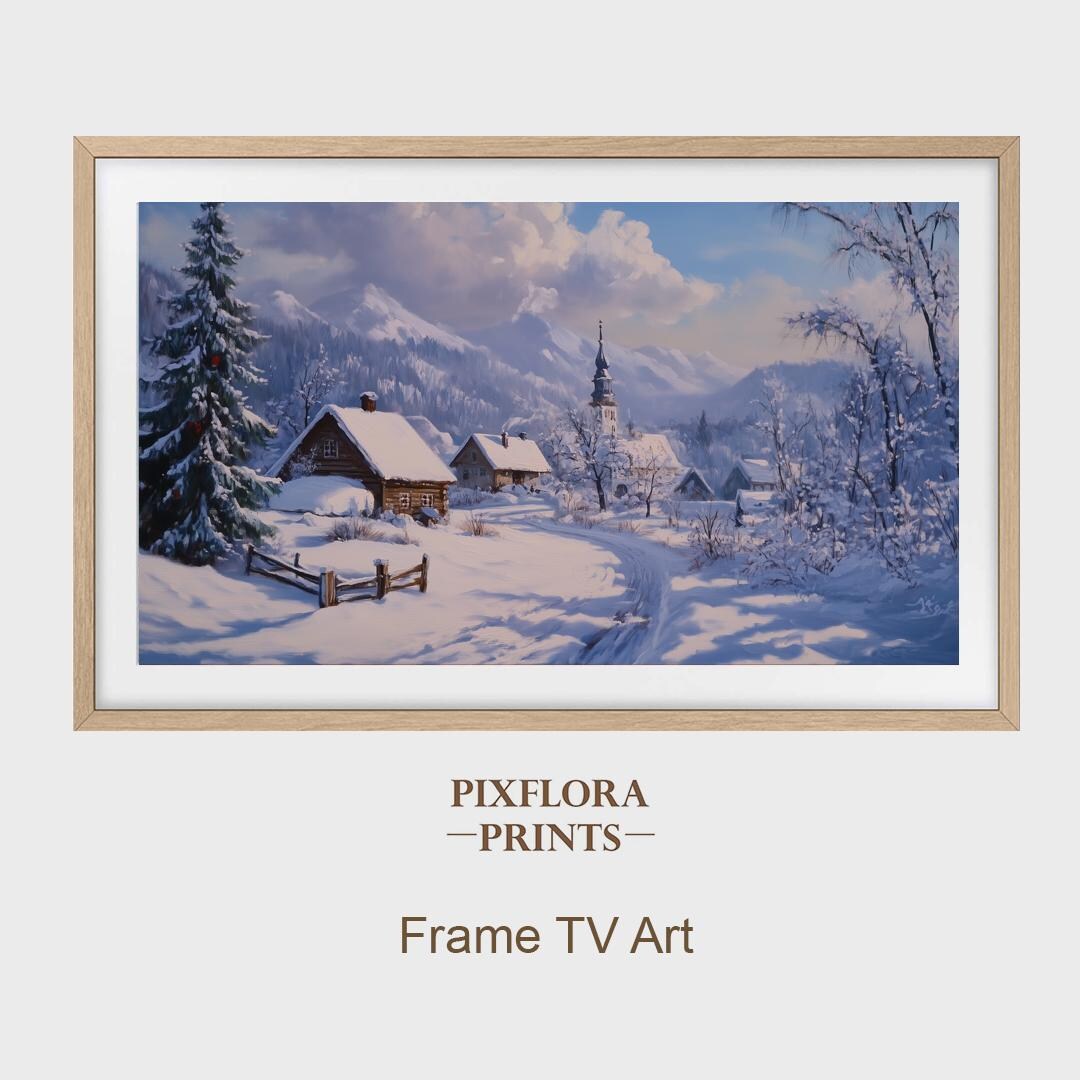 Winter Village Frame TV Art Snowy Cottage Landscape, Rustic Winter ...