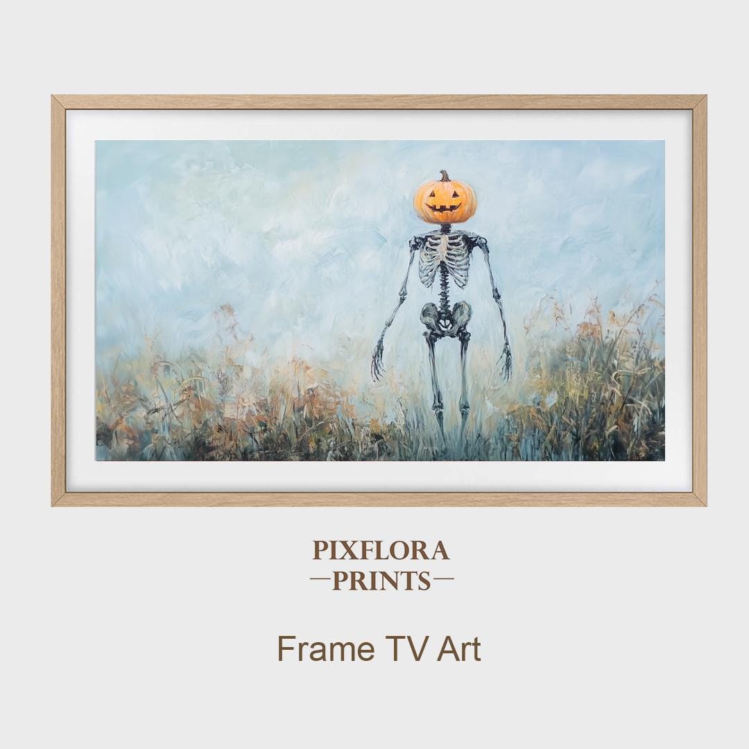 Rustic Halloween Frame TV Art, Skeleton With Pumpkin Head Decor, Autumn ...