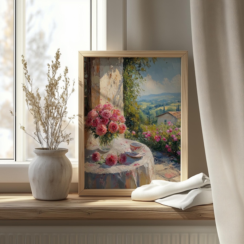 Cottagecore Vintage Terrace Painting - Sunlit Table With Pink Rose ...