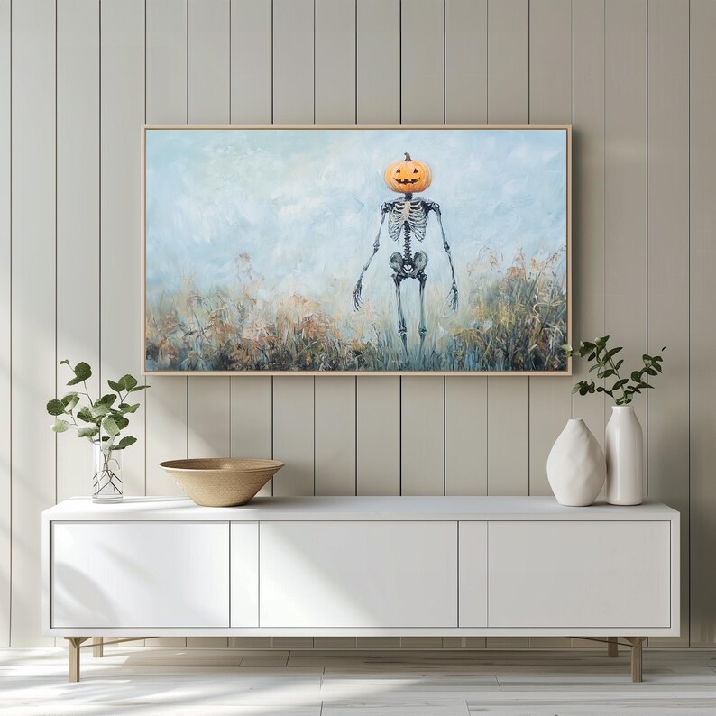 Rustic Halloween Frame TV Art, Skeleton With Pumpkin Head Decor, Autumn ...