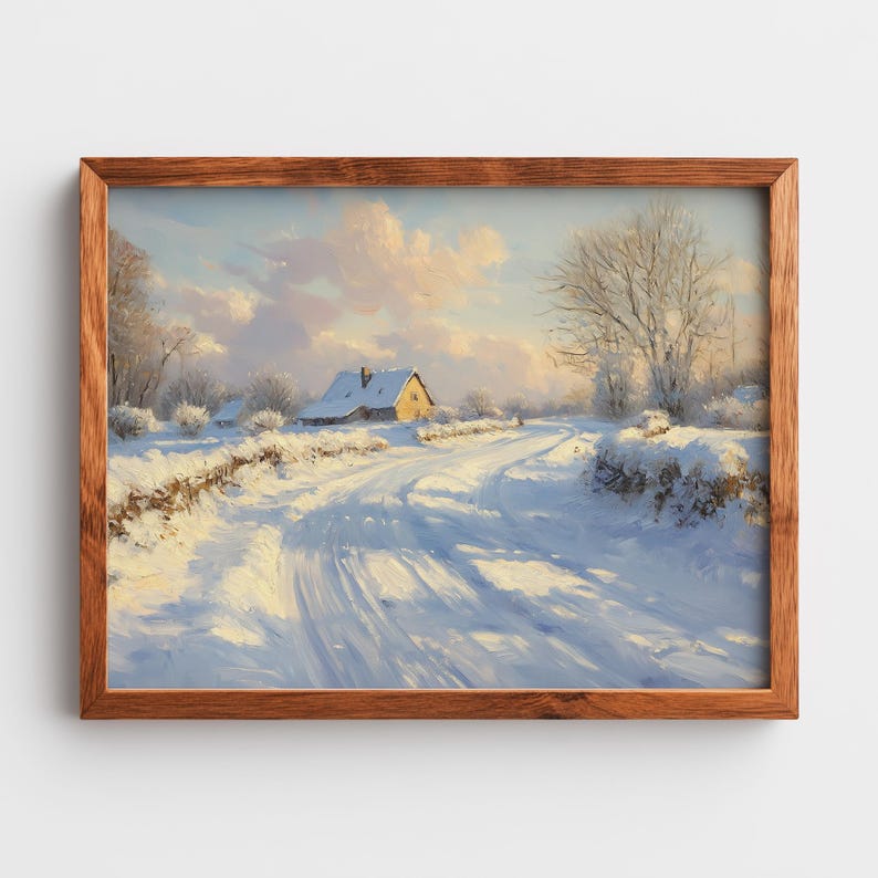 Winter Cottage Road Printable Art - Rustic Snowy Landscape, Cozy ...
