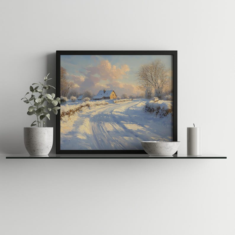 Winter Cottage Road Printable Art - Rustic Snowy Landscape, Cozy ...