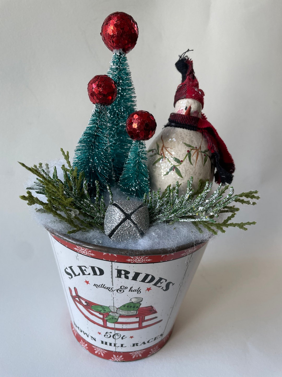 Christmas Holiday Bucket With Snowman Gourd and Bottle Brush Trees ...