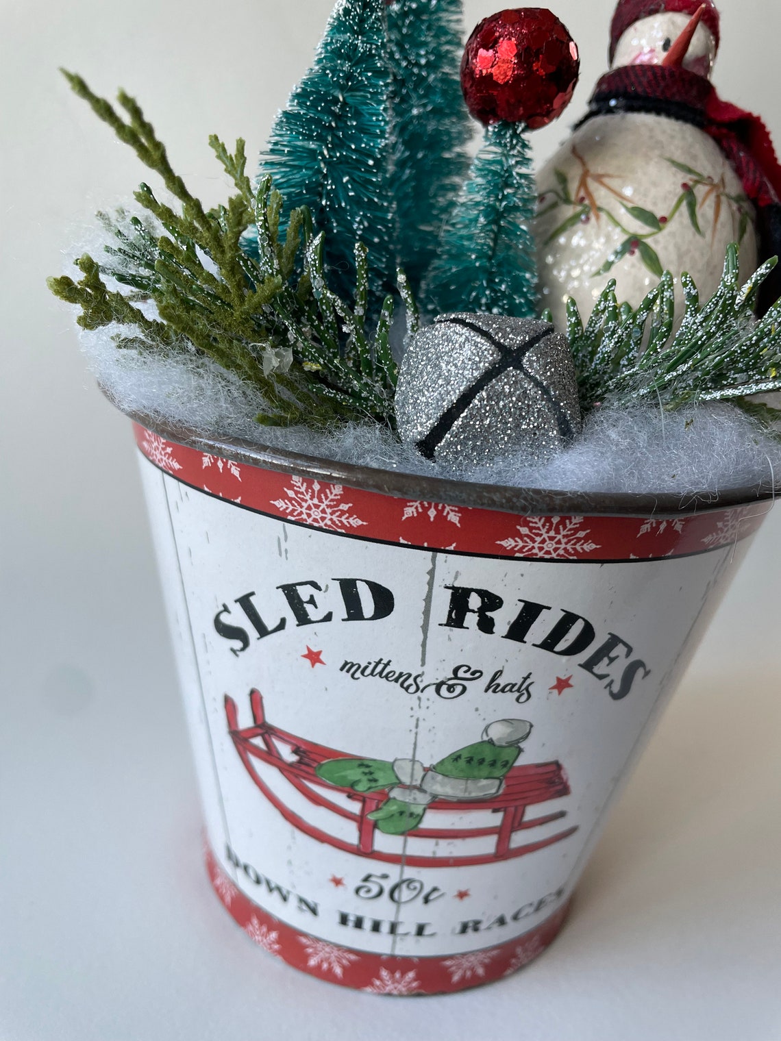 Christmas Holiday Bucket With Snowman Gourd and Bottle Brush Trees ...