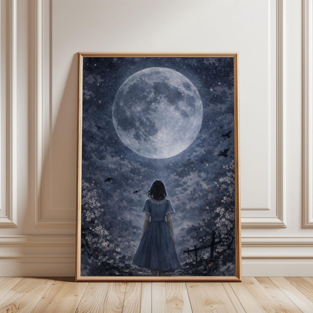 Moonlit Solitude Art Print, Girl Under Full Moon Night Poster, Japanese ...