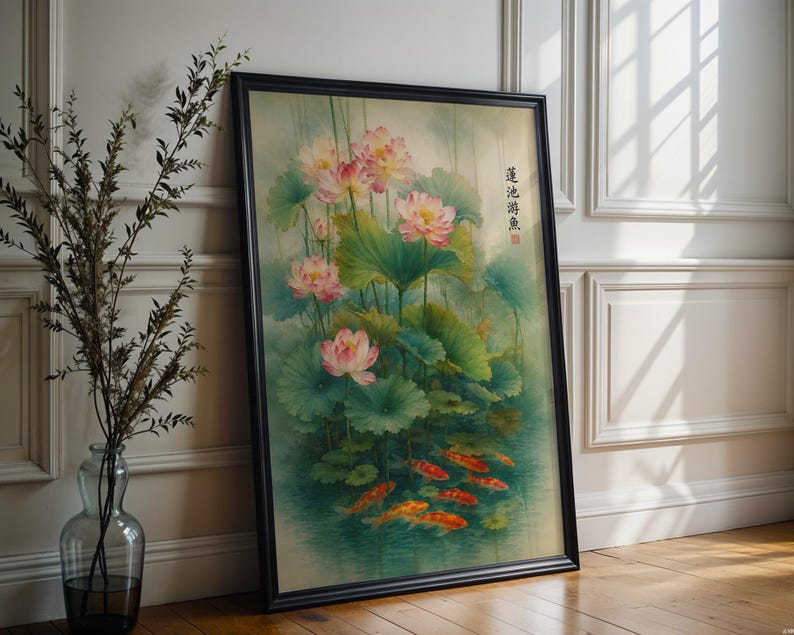 Lotus Flower Koi Fish Wall Art,Japanese Botanical Poster,Zen Lotus Pond ...