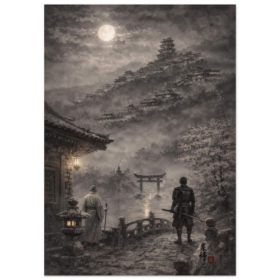 Moonlit Samurai and Monk Poster Print, Japanese Ink Landscape Art, Zen ...