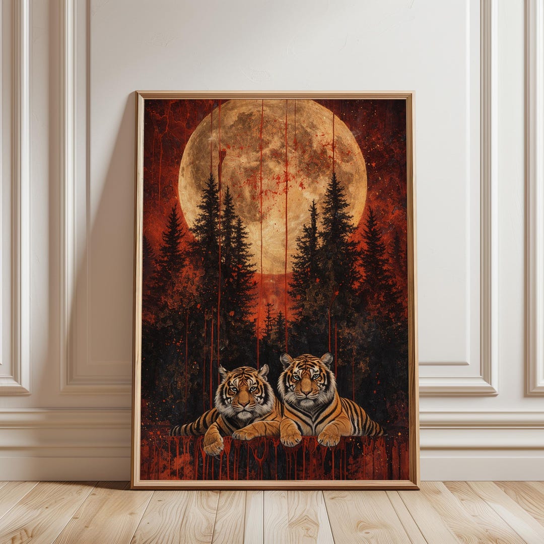 Twin Tigers Under Blood Moon Wall Art Poster, Japanese Style Dark ...